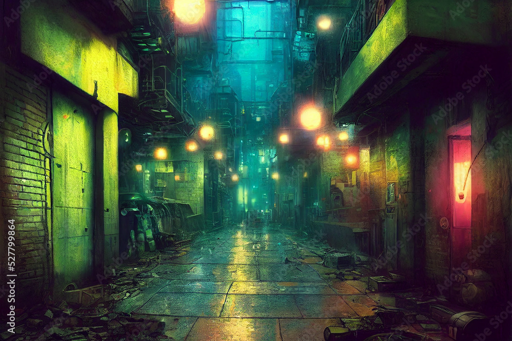scifi dystopia post-apocalyptic city narrow street, lime green and pink ...