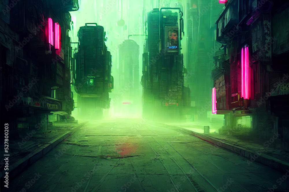 cyberpunk city narrow street, lime green and pink lights, concept art ...