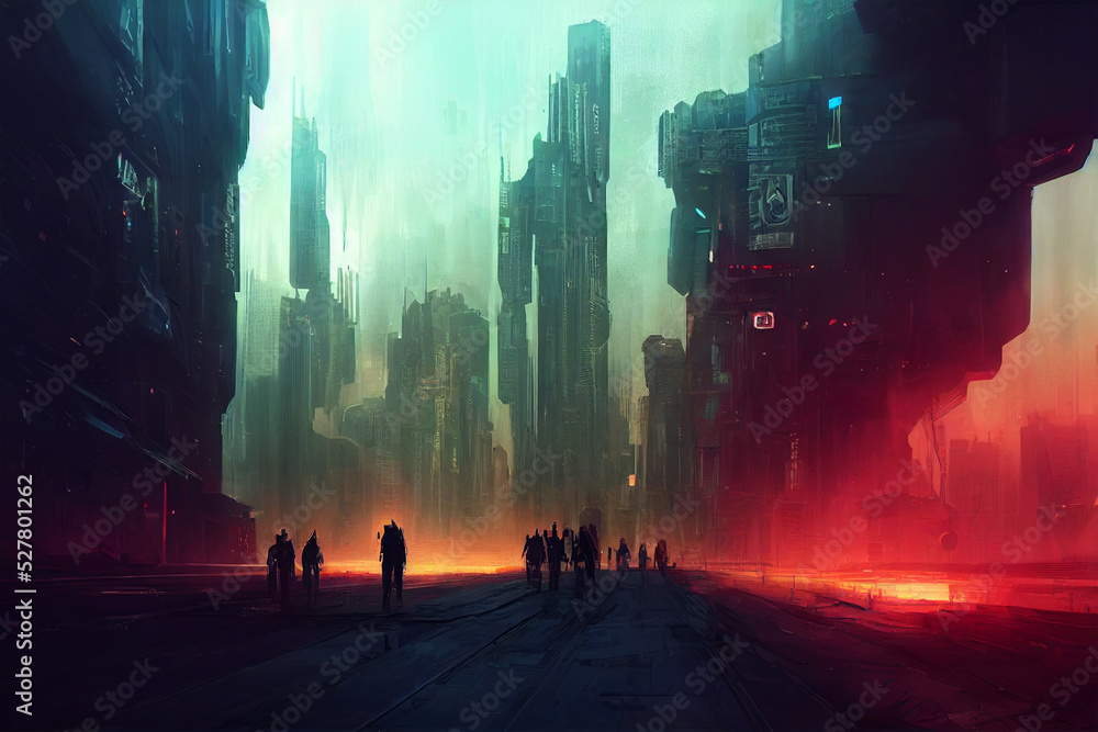 dark futuristic cyberpunk dystopian city, digital painting, Stock ...