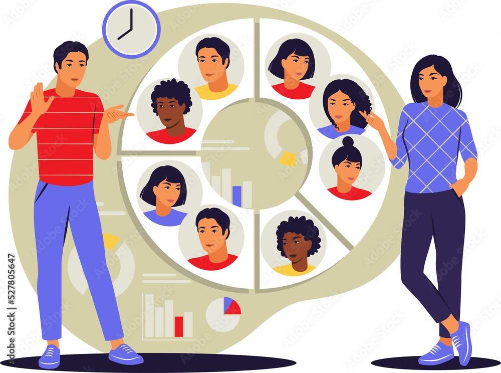 Audience segmentation concept. People near a large circular chart with ...