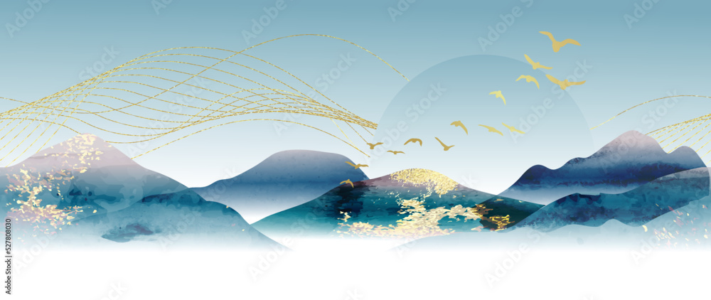 Luxury mountain line art background vector. Oriental watercolor ...