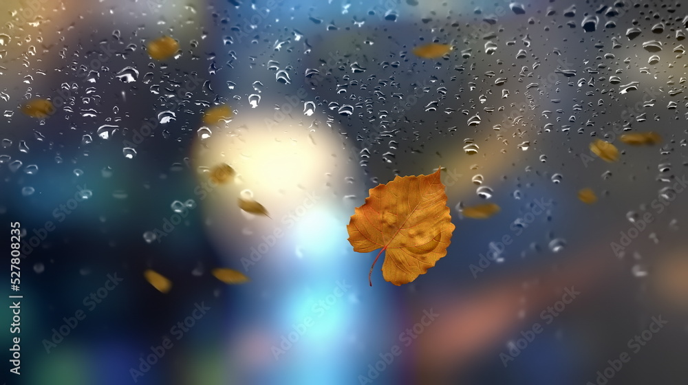 city night light ,blurred blue yellow background with rain drops and ...