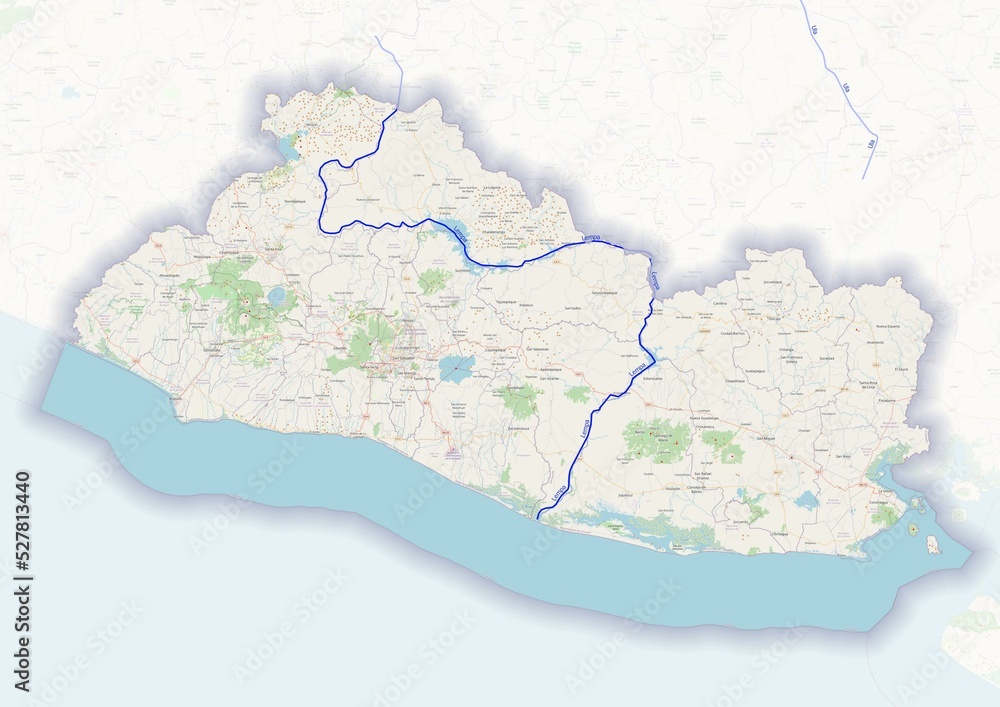 El Salvador physical map with important rivers the capital and big ...