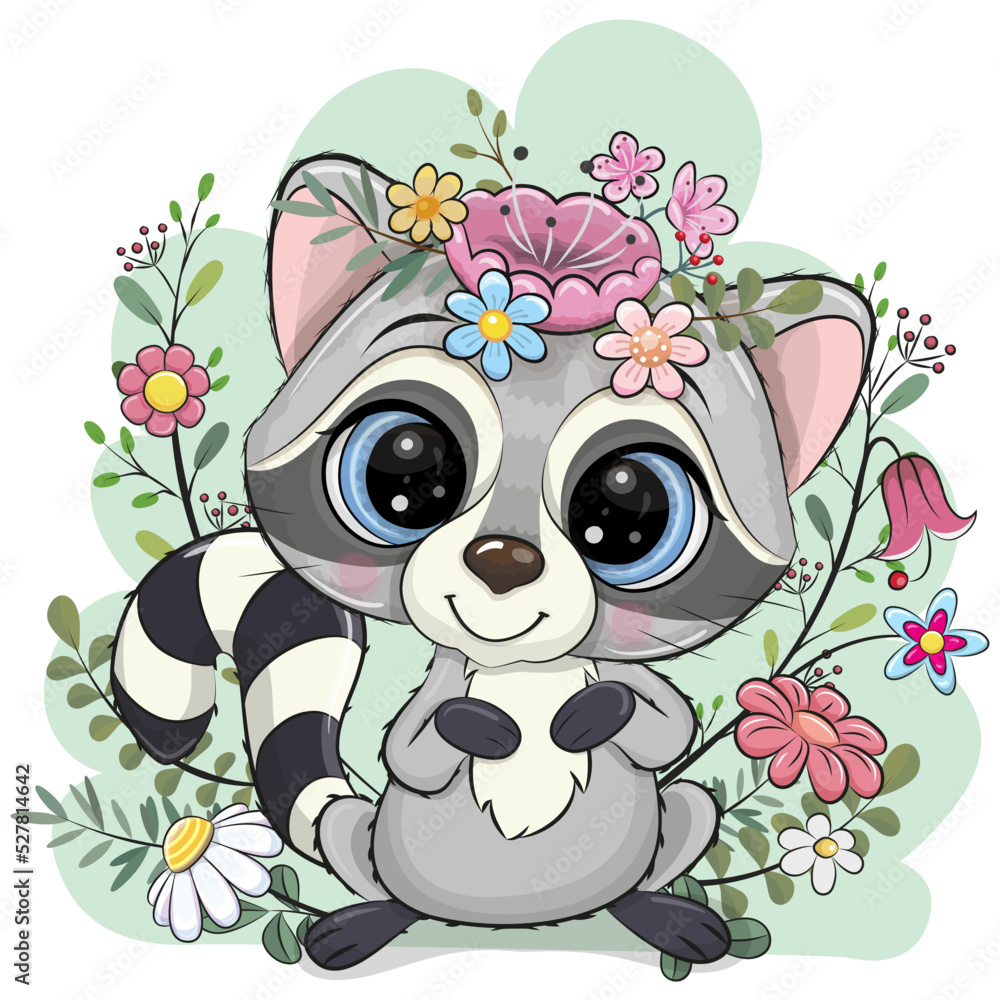 Cartoon Raccoon with flowers and branches Stock Vector | Adobe Stock