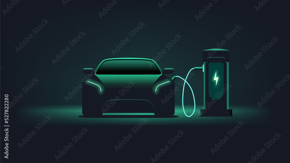 Vetor de Electric car charging. Dark background. Electronic vehicle ...
