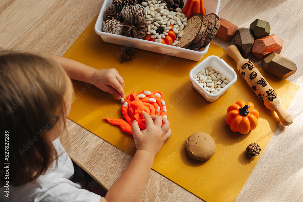 A little girl playing with autumn natural materials and play dough ...