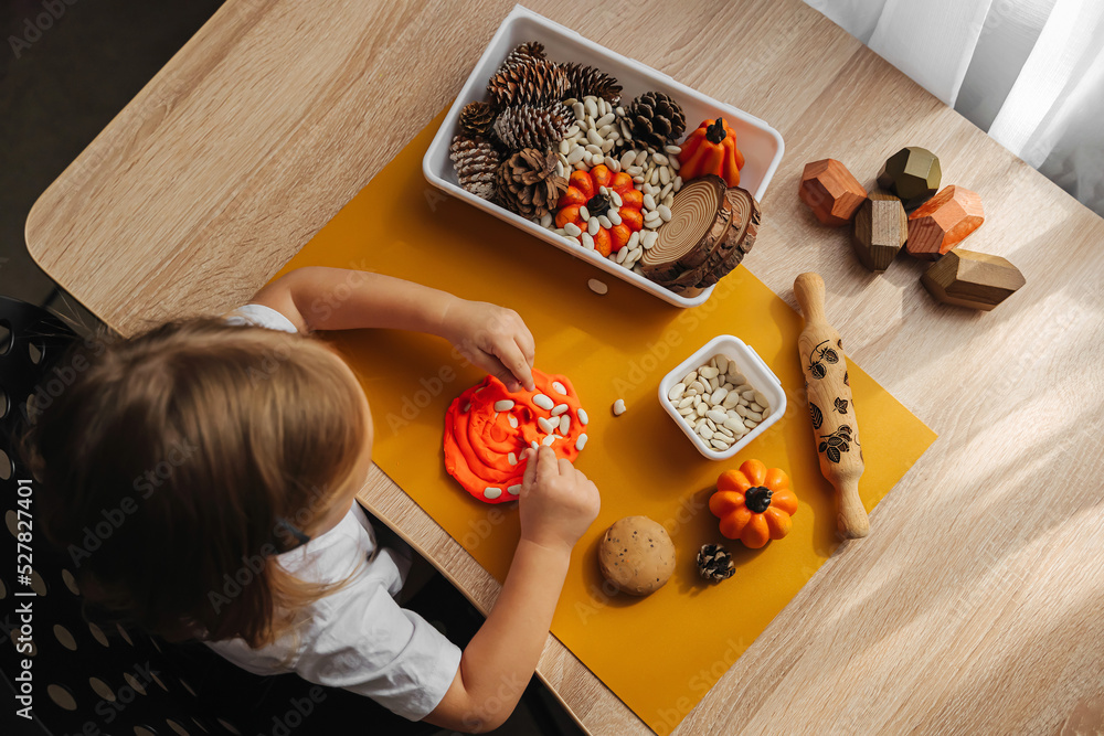 A little girl playing with autumn natural materials and play dough ...