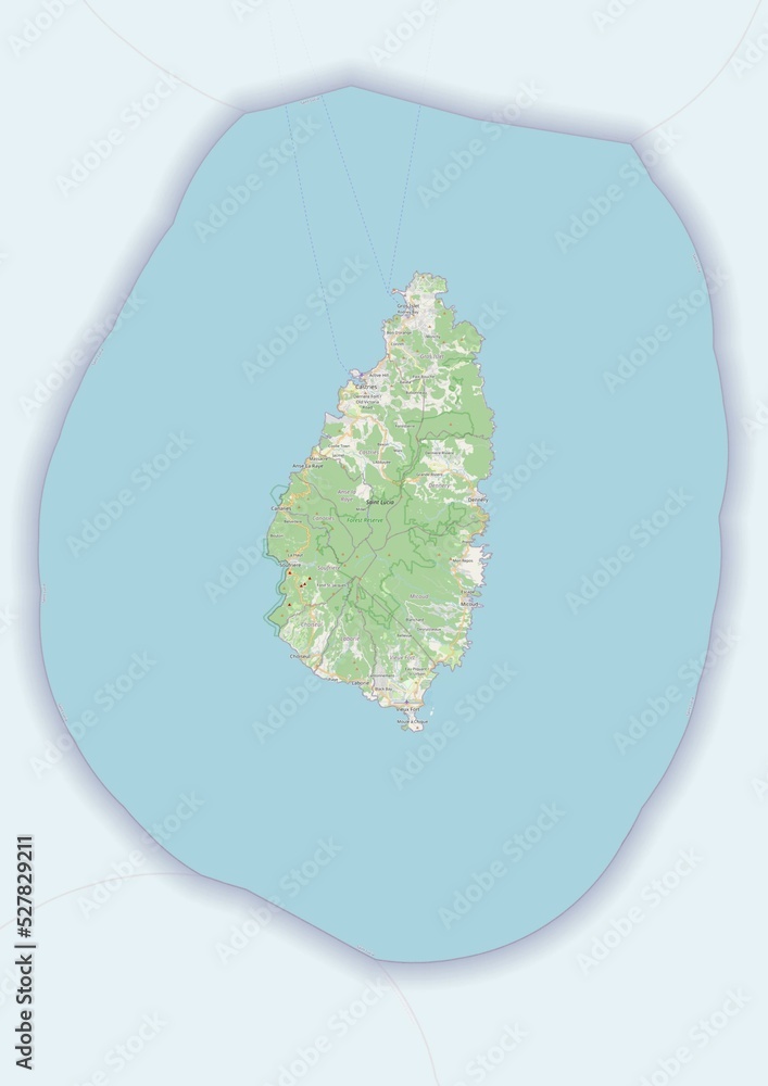 Saint Lucia physical map with important rivers the capital and big cities Stock Illustration ...