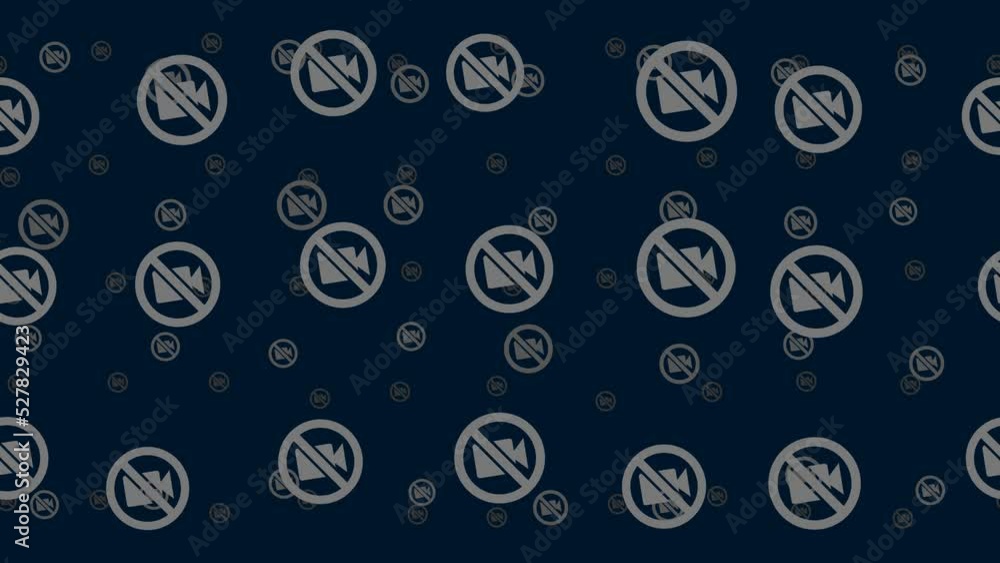 No video symbols float horizontally from left to right. Parallax fly effect. Floating symbols ...