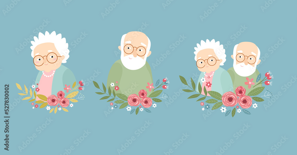 Print. Nice old couple. Grandfather and grandmother. Cartoon characters ...