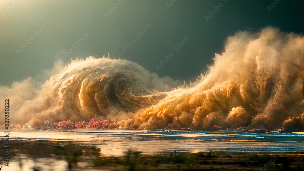 Tsunami wave apocalyptic water Storm. Large tidal wave coming on to the ...