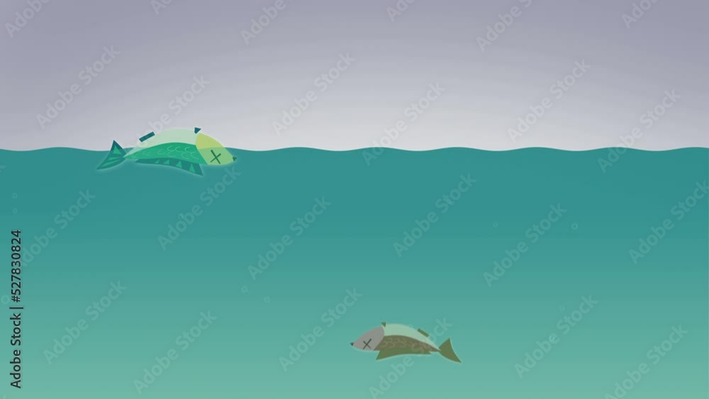 Dead fish floating to the water surface, water pollution and toxicity ...