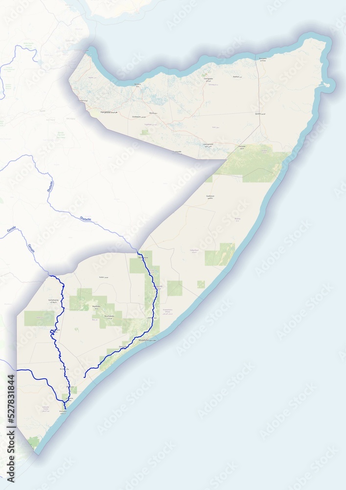 Somalia physical map with important rivers the capital and big cities ...