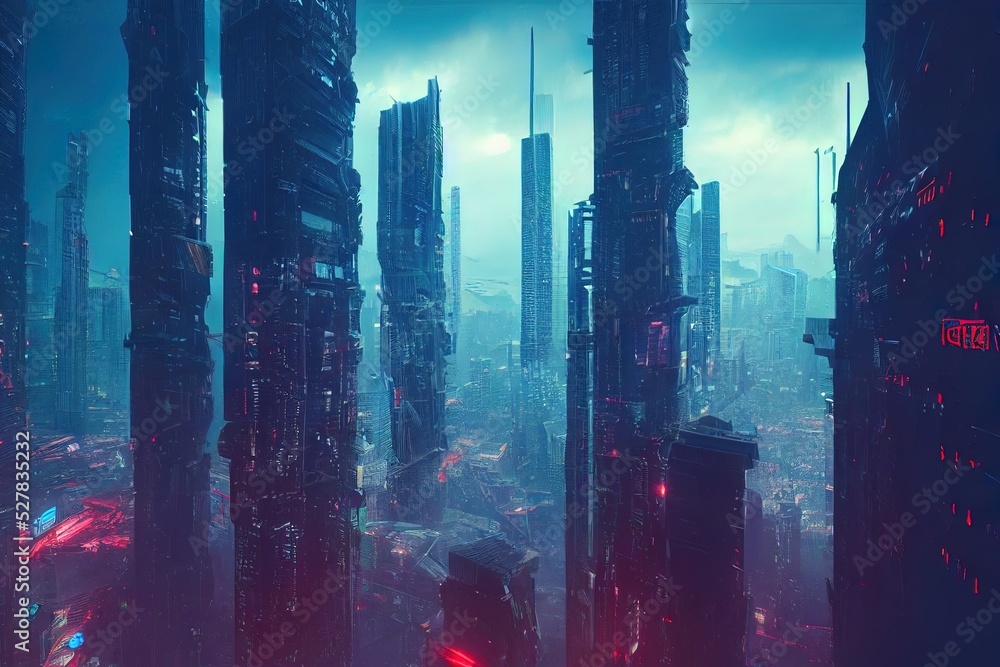 Aerial view of a cyberpunk city. Skyscrapers view, at night on a rainy ...