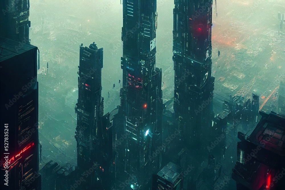 Aerial view of a cyberpunk city. Skyscrapers view, at night on a rainy ...