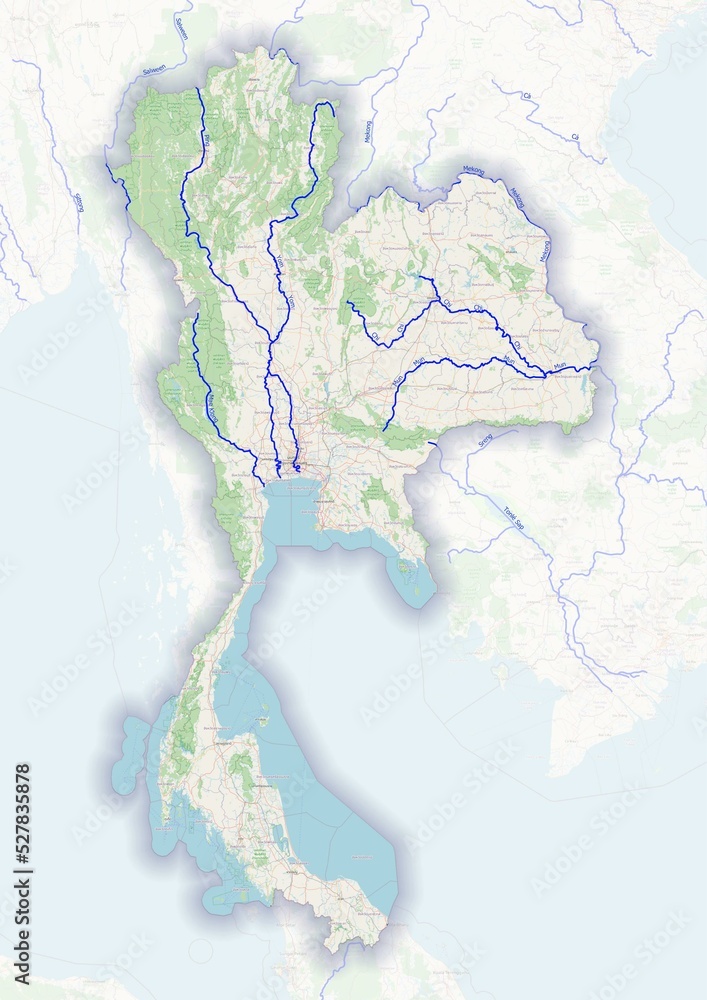 Thailand physical map with important rivers the capital and big cities ...