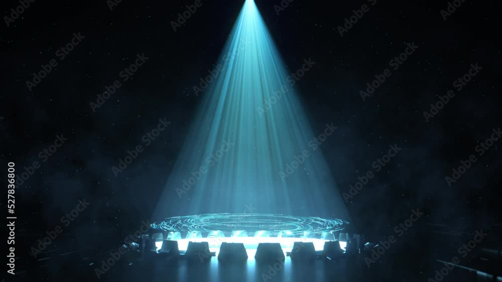 4k Spotlight background. Stage light scifi. Blue rays with floating ...