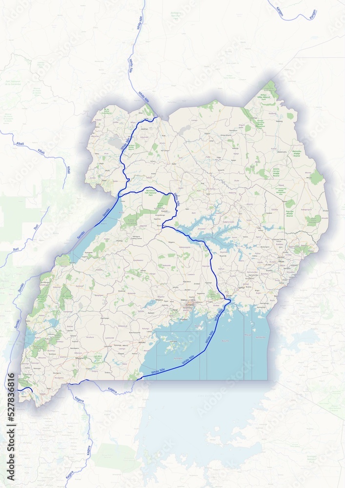 Uganda physical map with important rivers the capital and big cities ...