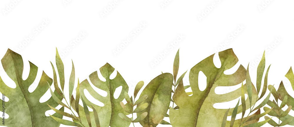 Watercolor seamless border with jungle foliage. Repeatable frame with ...