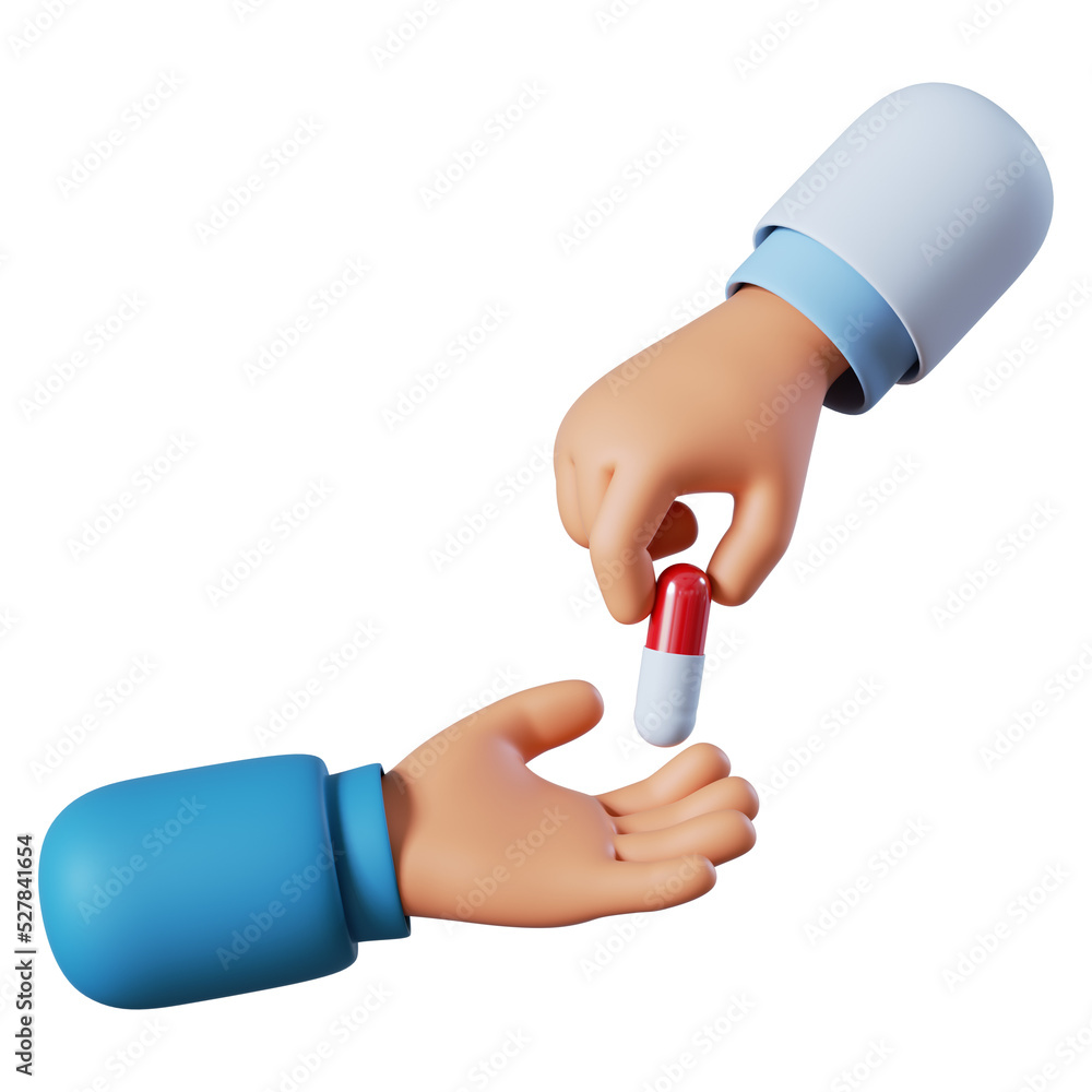 3d render. Doctor or pharmacist cartoon hand gives red pill to the ...