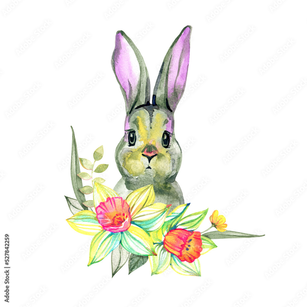 watercolor drawing cute easter bunny, rabbit and spring flowers ...