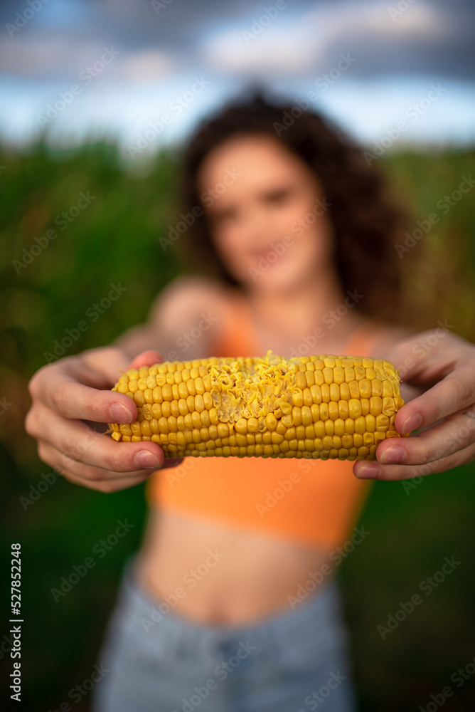 Girl with corn in a cornfield. The girl eats corn on the background of ...