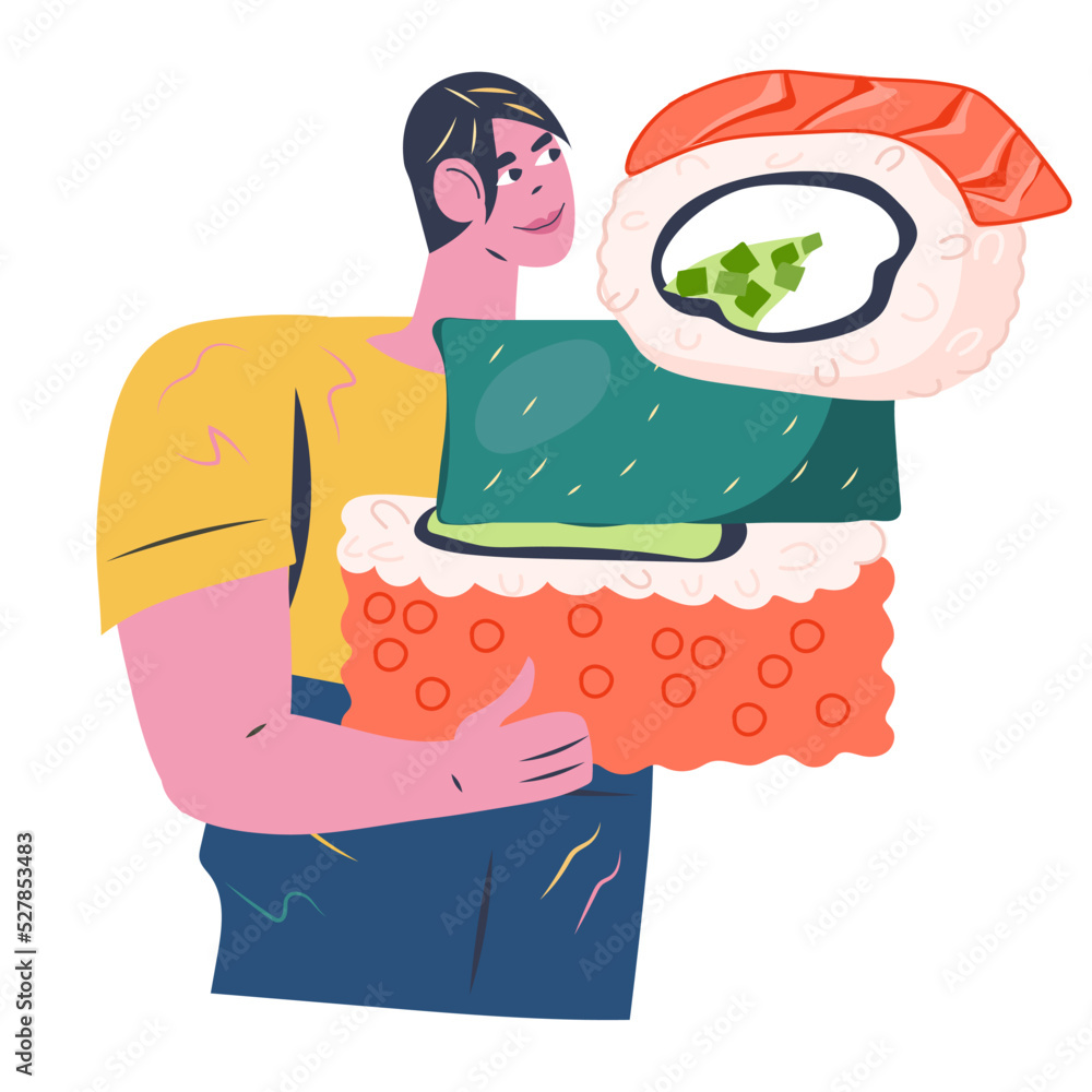 Man carrying sushi flat cartoon vector illustration isolated on white ...