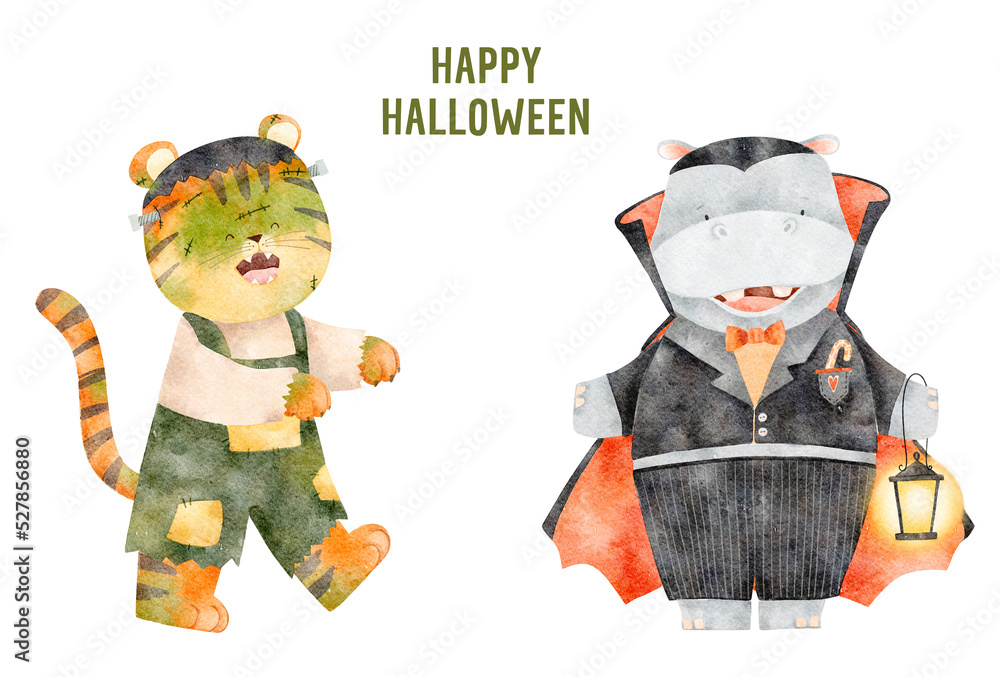 Halloween hand-drawn animal characters. Illustration of Dracula and ...