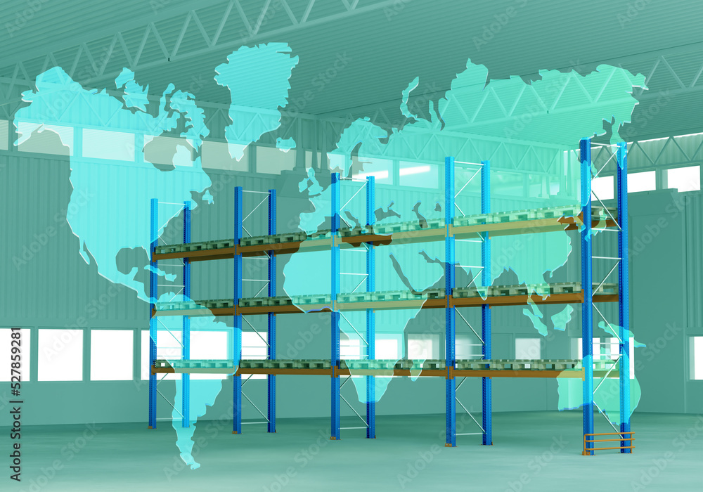 Warehouse for international shipments. World map in front of empty ...