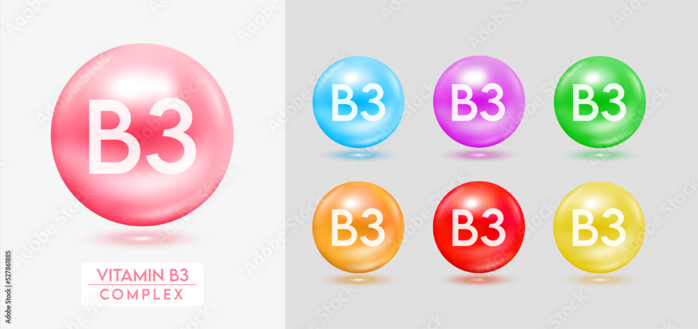 Vitamin B3 complex. Set of colorful balls multivitamins capsules ...