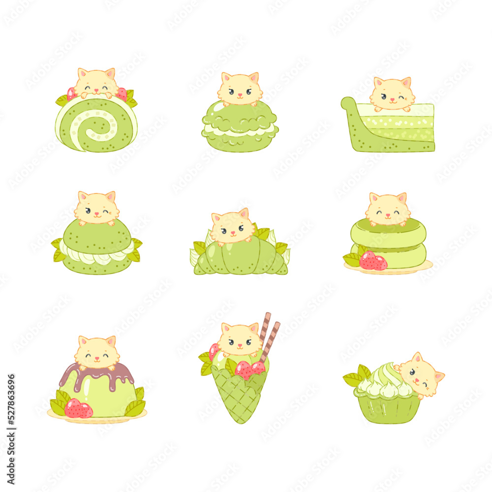 Set of cute cats and oriental matcha green tea desserts. Flat cartoon ...