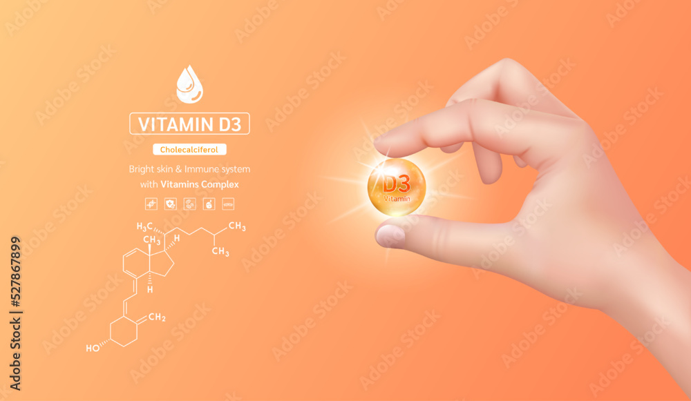 Doctor hand holding vitamin D3 complex capsule orange and structure ...
