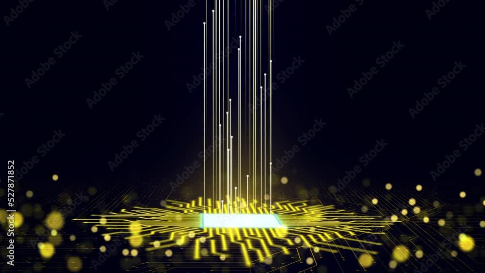 Digital data flowing on microchip with glow circuit board background, Motion graphic. line speed ...