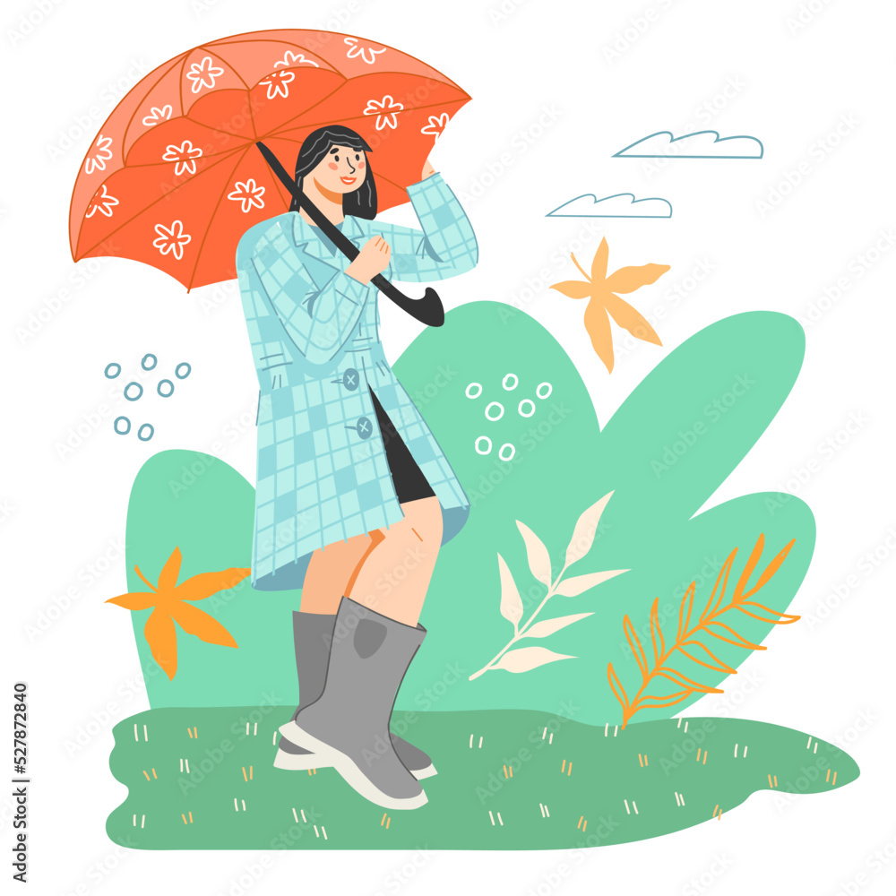 Woman walking in the rain with umbrella at decorative backdrop, flat ...