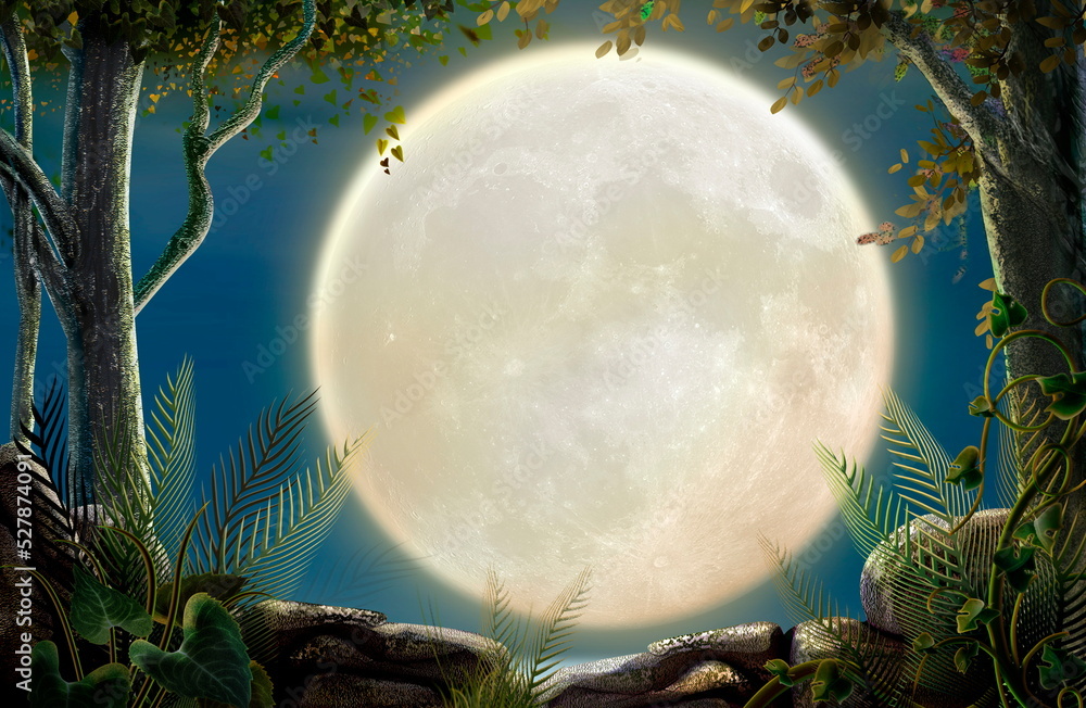 Beautiful night background with moon, fallen tree in forest. Stock ...