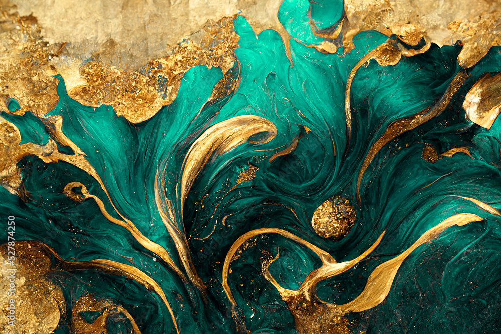Spectacular realistic abstract backdrop of a whirlpool of teal and gold ...