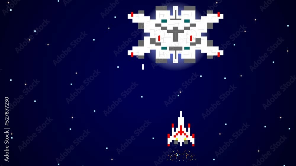 Spaceship animation made in 8 bit, pixel art model facing an enemy boss ...