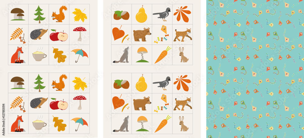Autumn memory game cards with cute objects. Matching activity. Remember ...