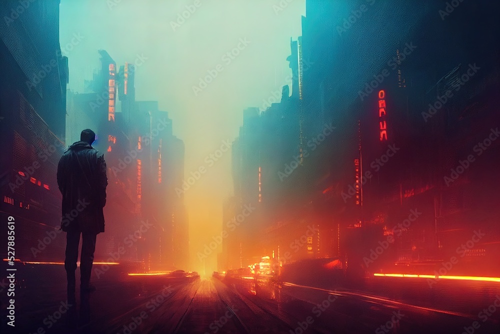 Futuristic, neo noir, cyberpunk man walking in a rainy city. Neon ...