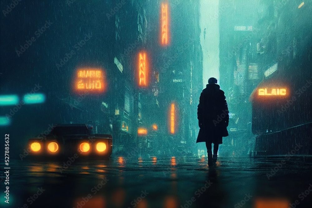 Futuristic, neo noir, cyberpunk man walking in a rainy city. Neon ...