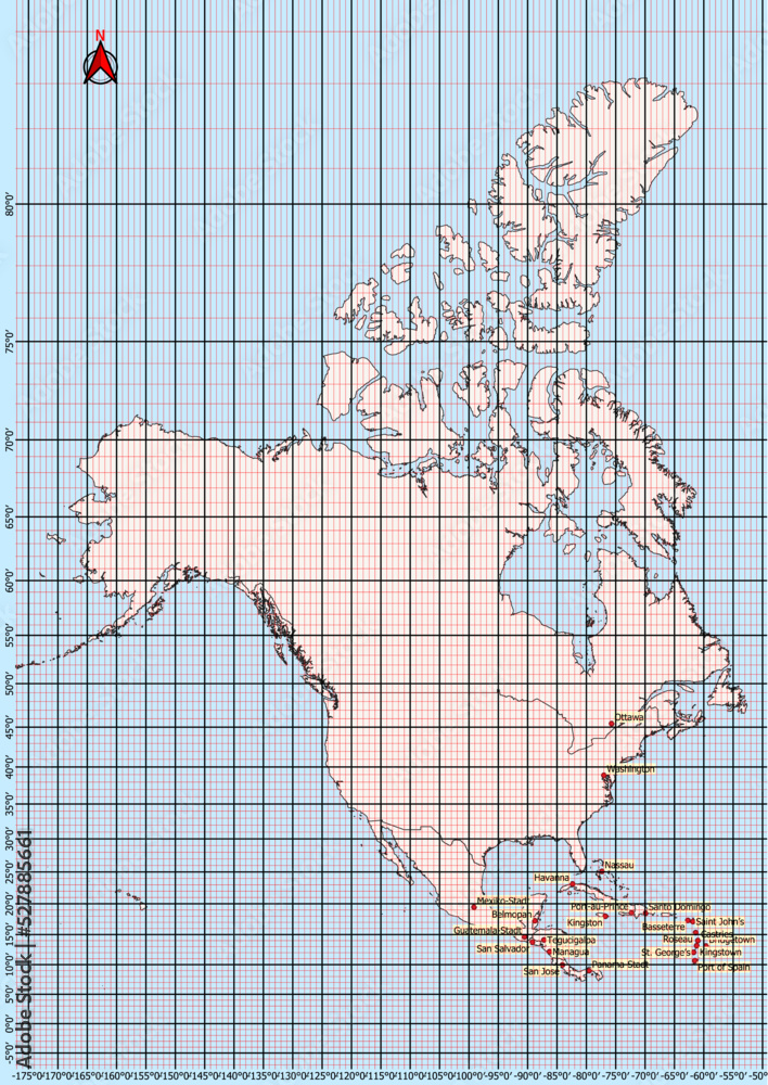 North America Map Geographic Coordinates latitude and longitude German ...