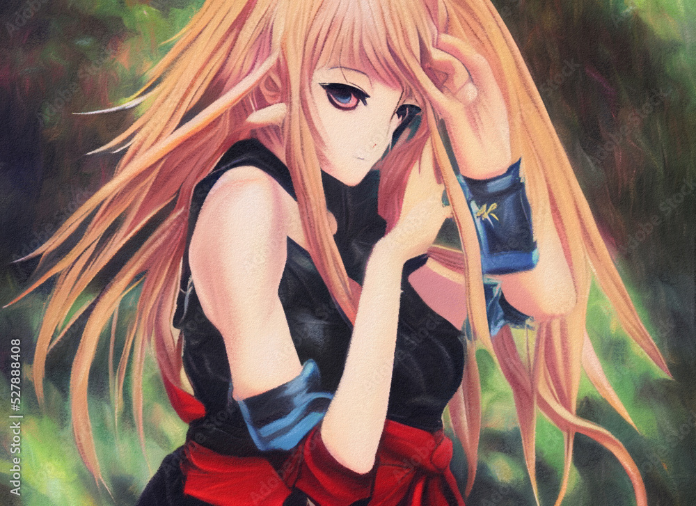 Pretty anime girl portrait. Beautiful woman oil painting print. Fantasy ...