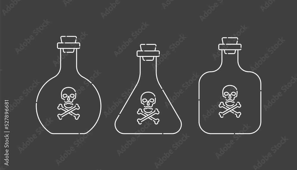 Bottles of poison with skull full face in thin white dotted lines ...