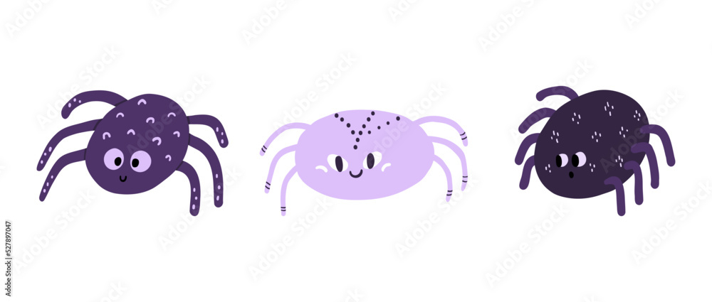 Set of cute Halloween spiders. Cartoon smiling arachnid collection ...