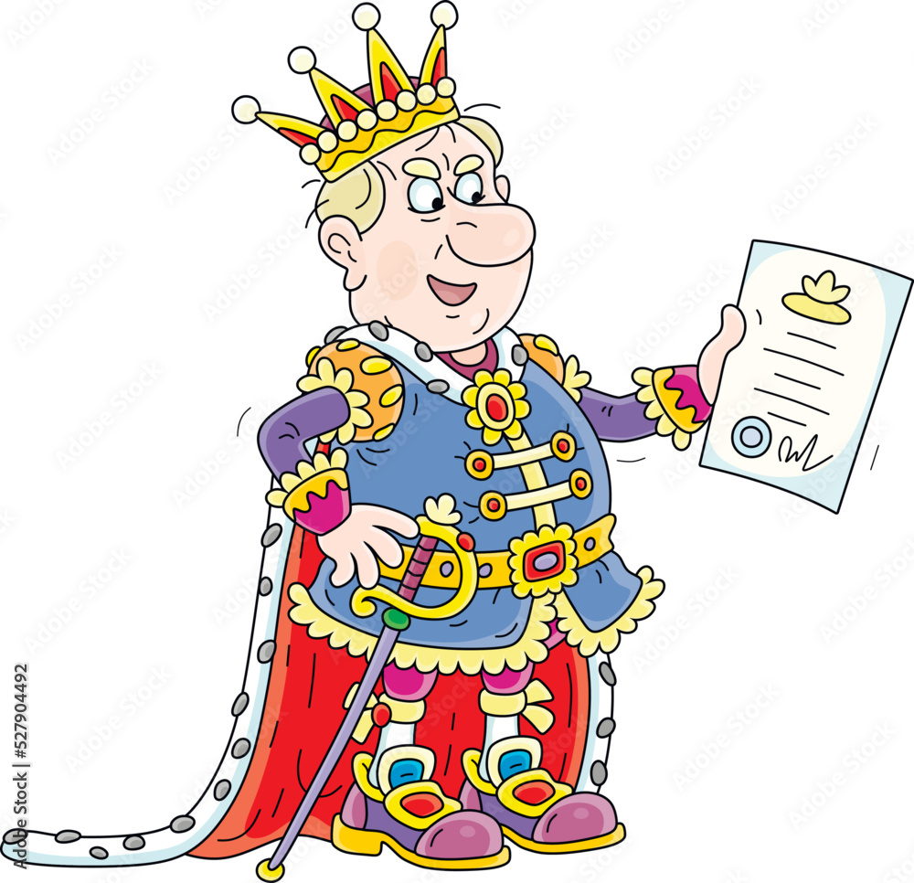 Funny angry king in a golden crown reading aloud his important royal ...