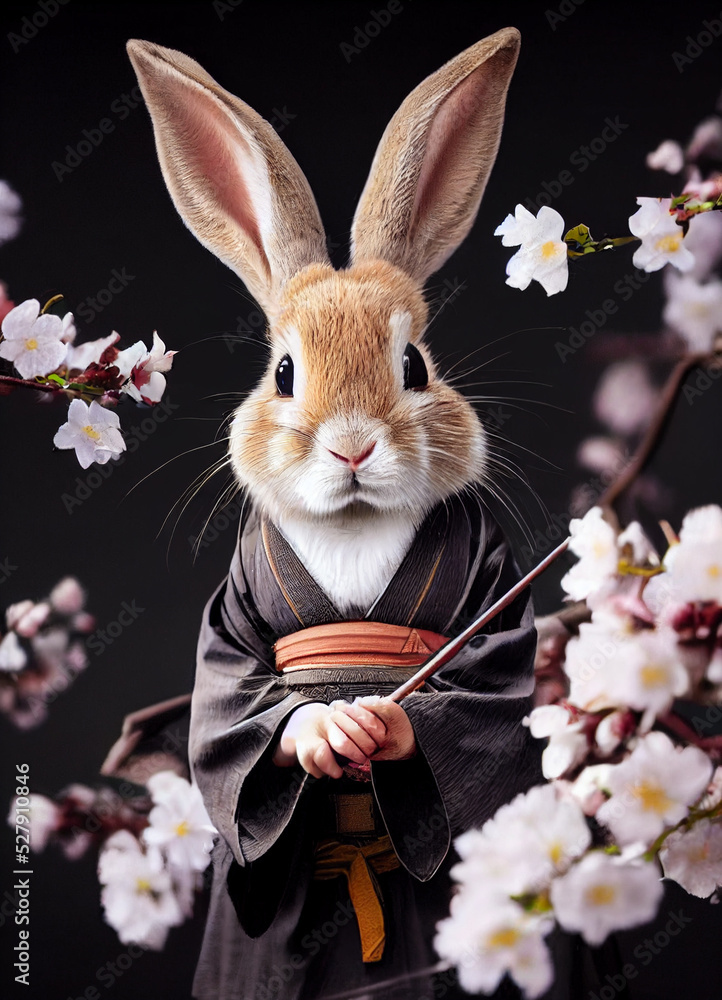 cute samurai rabbit in a traditional Japanese warrior costume, with a ...