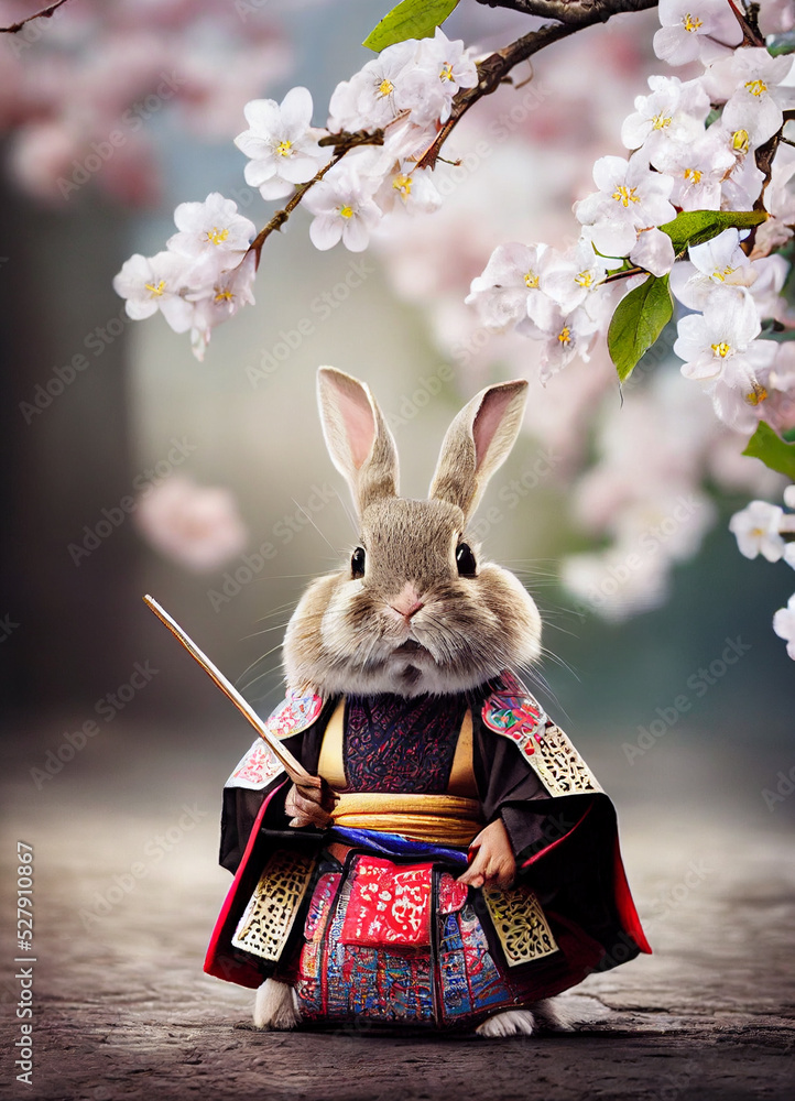cute samurai rabbit in a traditional Japanese warrior costume, with a ...