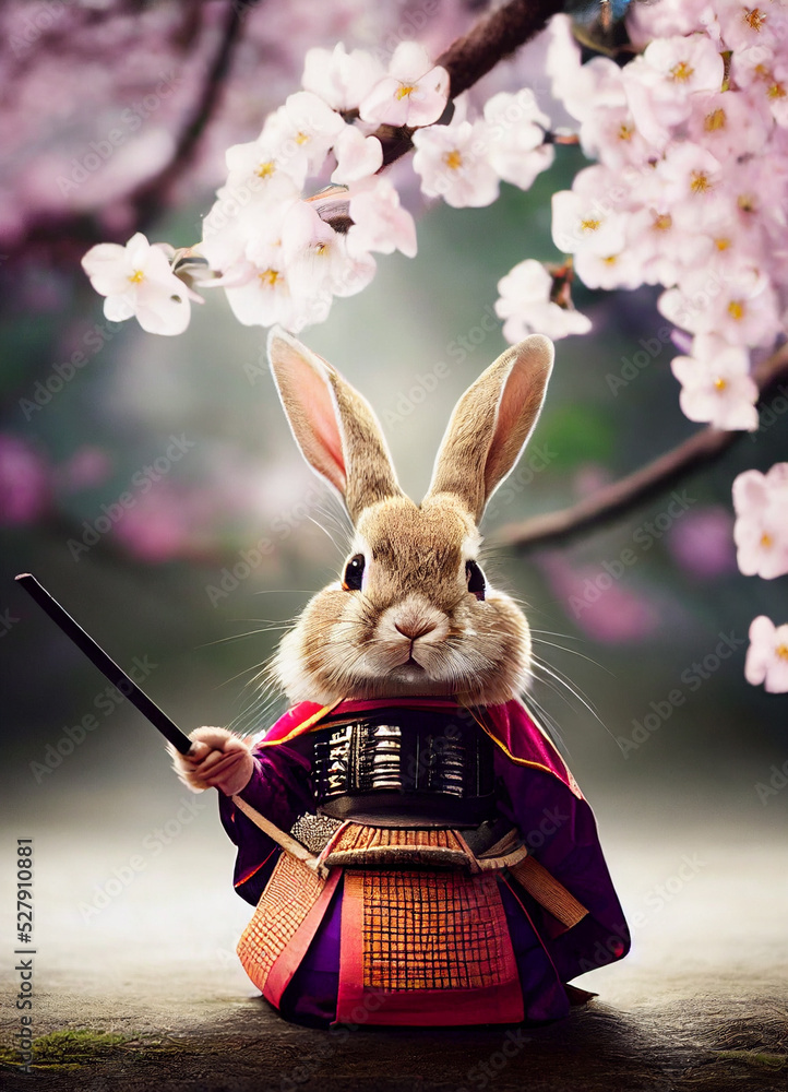 cute samurai rabbit in a traditional Japanese warrior costume, with a ...