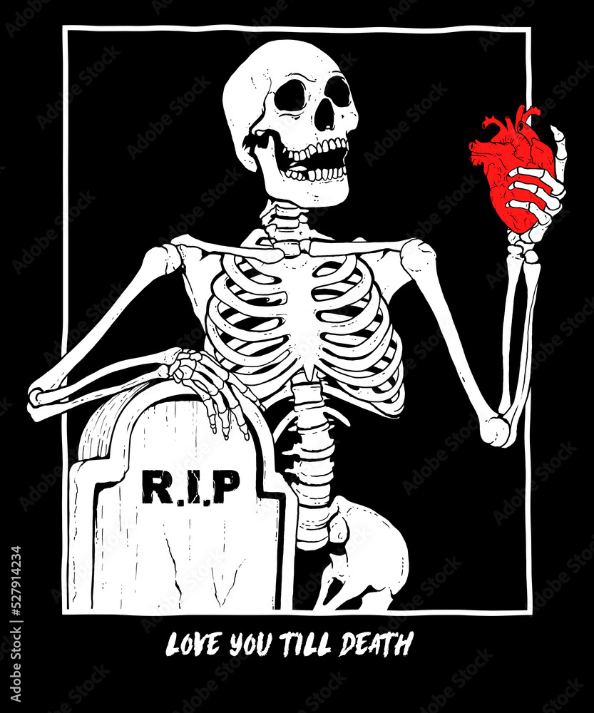 Skeleton holding a heart and leaning on a tombstone Stock Illustration ...