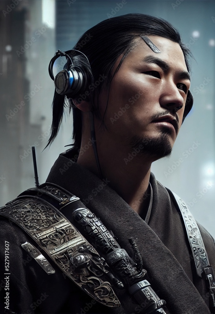 Realistic portrait of a sci-fi cyberpunk warrior in a cyber suit. High ...